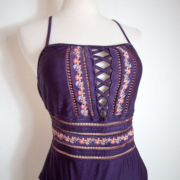 BECCA | Swim | Becca Purple Floral Embroidered Open Back One Piece ...